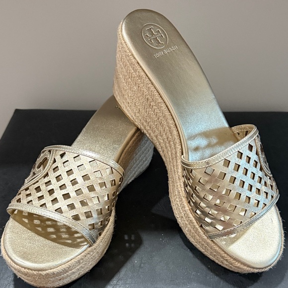 Tory Burch | Shoes | Tory Burch Metallic Gold Wedge Slides | Poshmark
